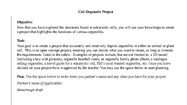 EUK 101: Creative Cell Organelle Project Guidelines - Studocu