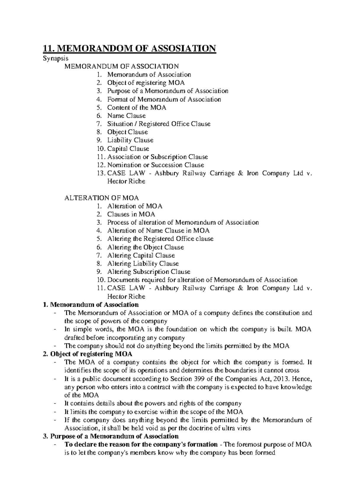 Company Law - 11 - Memorandum of Association and Its Alteration - Studocu