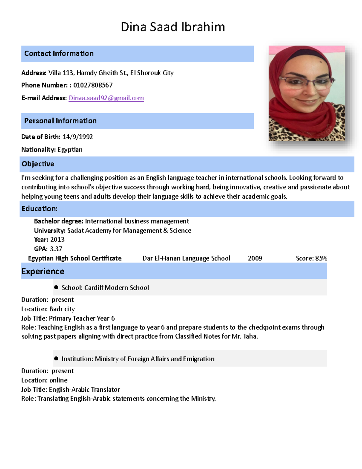 Dina Hakim Resume 2025 - English Language Teacher (ESL) - Studocu