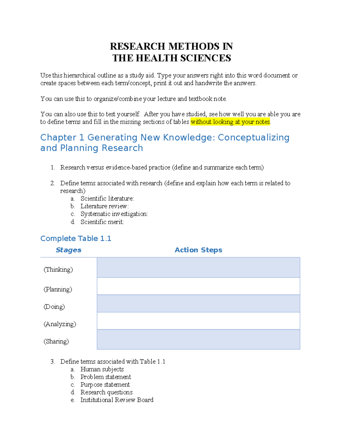 Study Guide Outline for RESEARCH METHODS IN THE HEALTH SCIENCES (2025) - Studocu