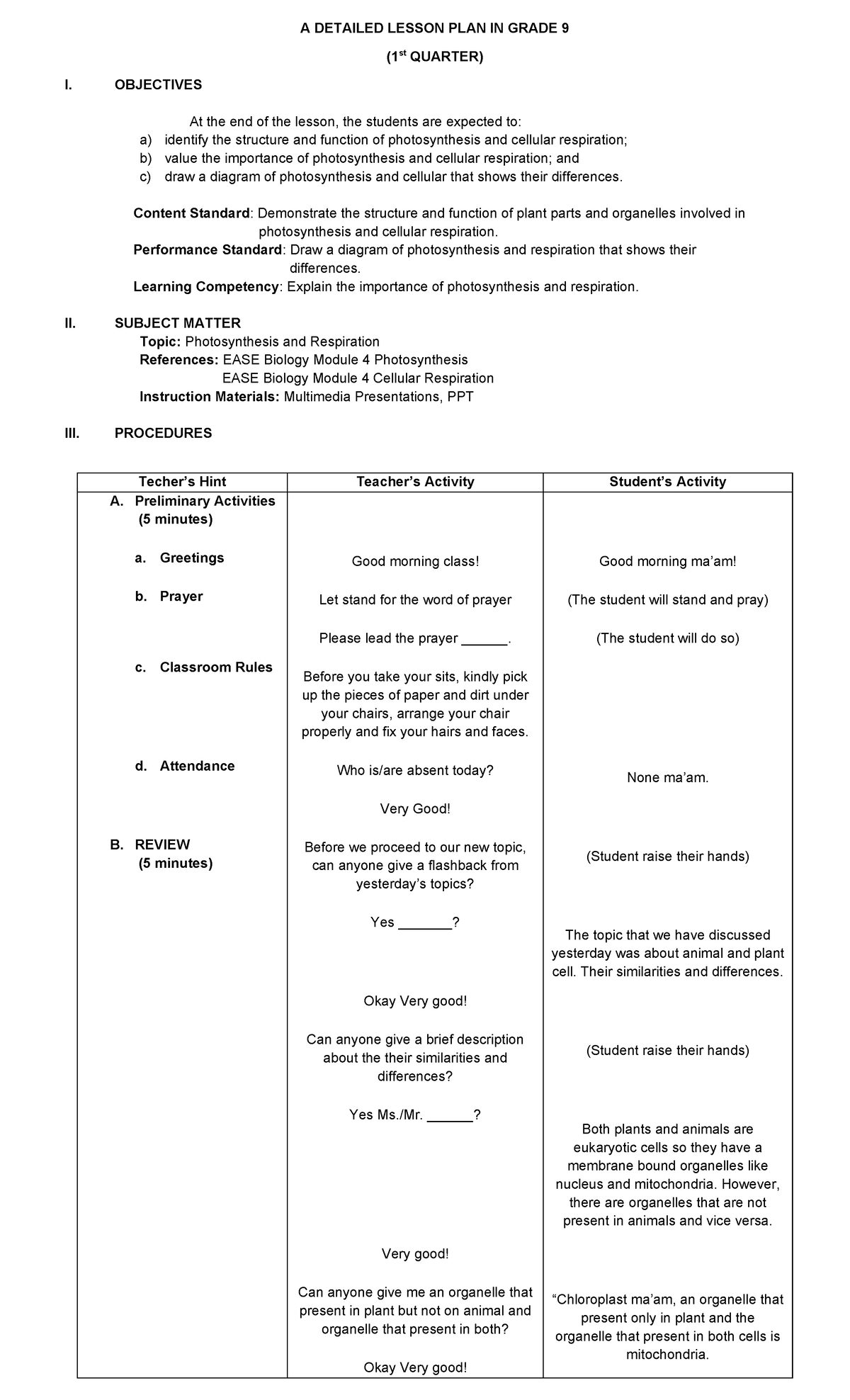 Old Detailed Lesson Plan Grade 91st Quarter - A DETAILED LESSON PLAN IN ...