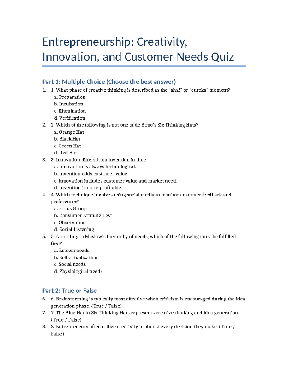 Entrepreneurship Quiz: Creativity, Innovation & Customer Needs (Part 1 ...