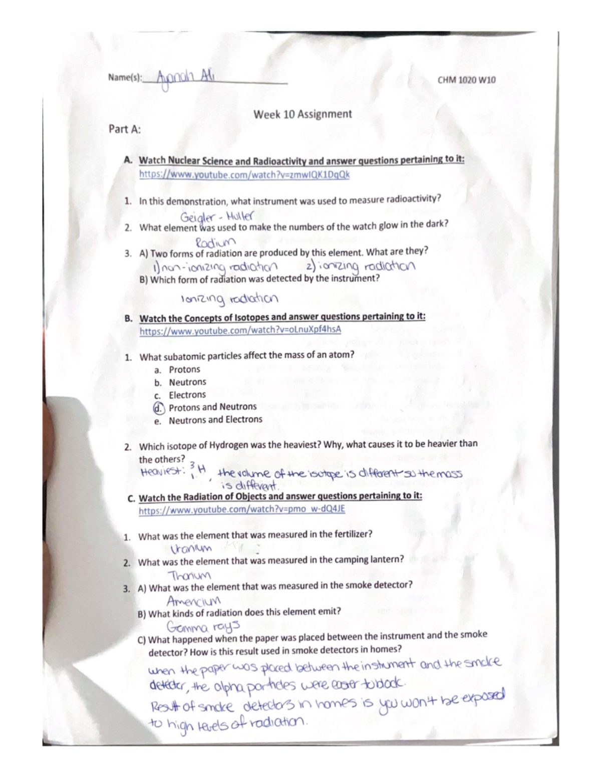 CHM 1020 W10 - lab - N , ame(s) Ay yool AA CHM 1020 W10 Week 10 Assignment Part A: A. Watch ...