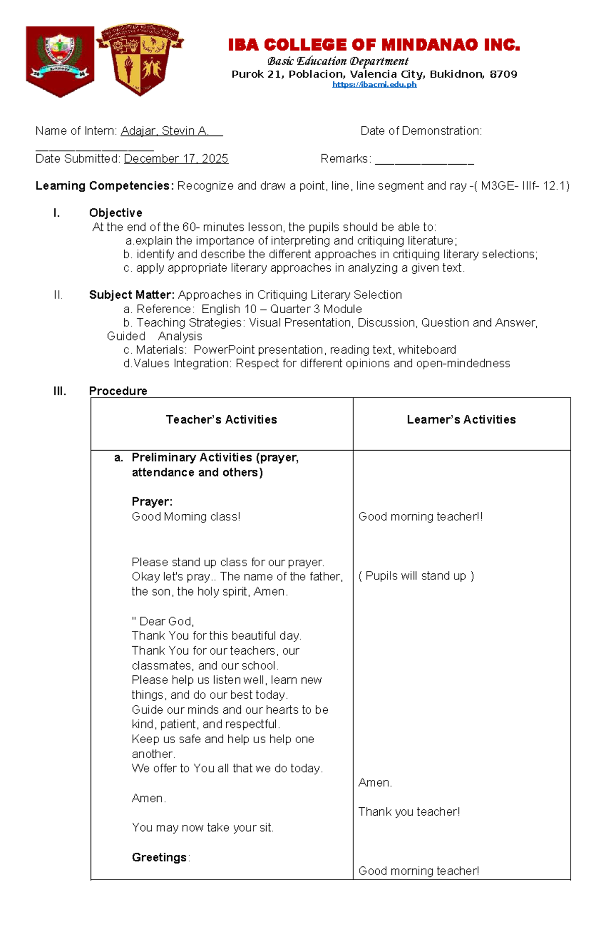LP-ENG10: Lesson Plan on Approaches in Literary Critique - Studocu