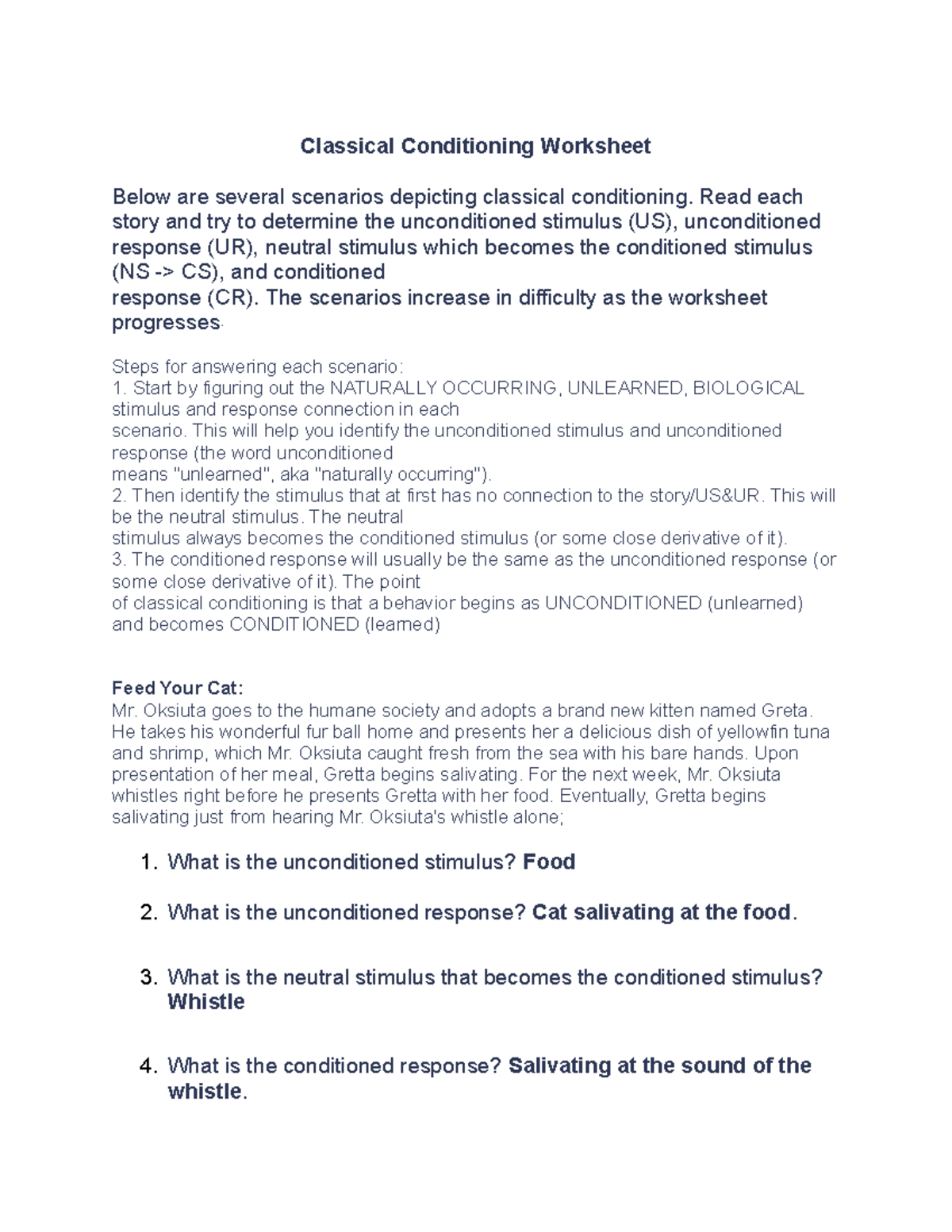 PSY 123 - Classical Conditioning Scenarios Worksheet - Studocu