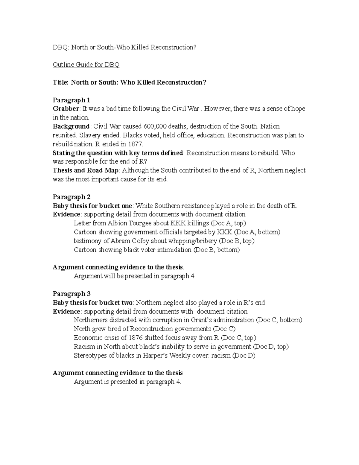Reconstruction DBQ Outline - DBQ: North or South-Who Killed ...