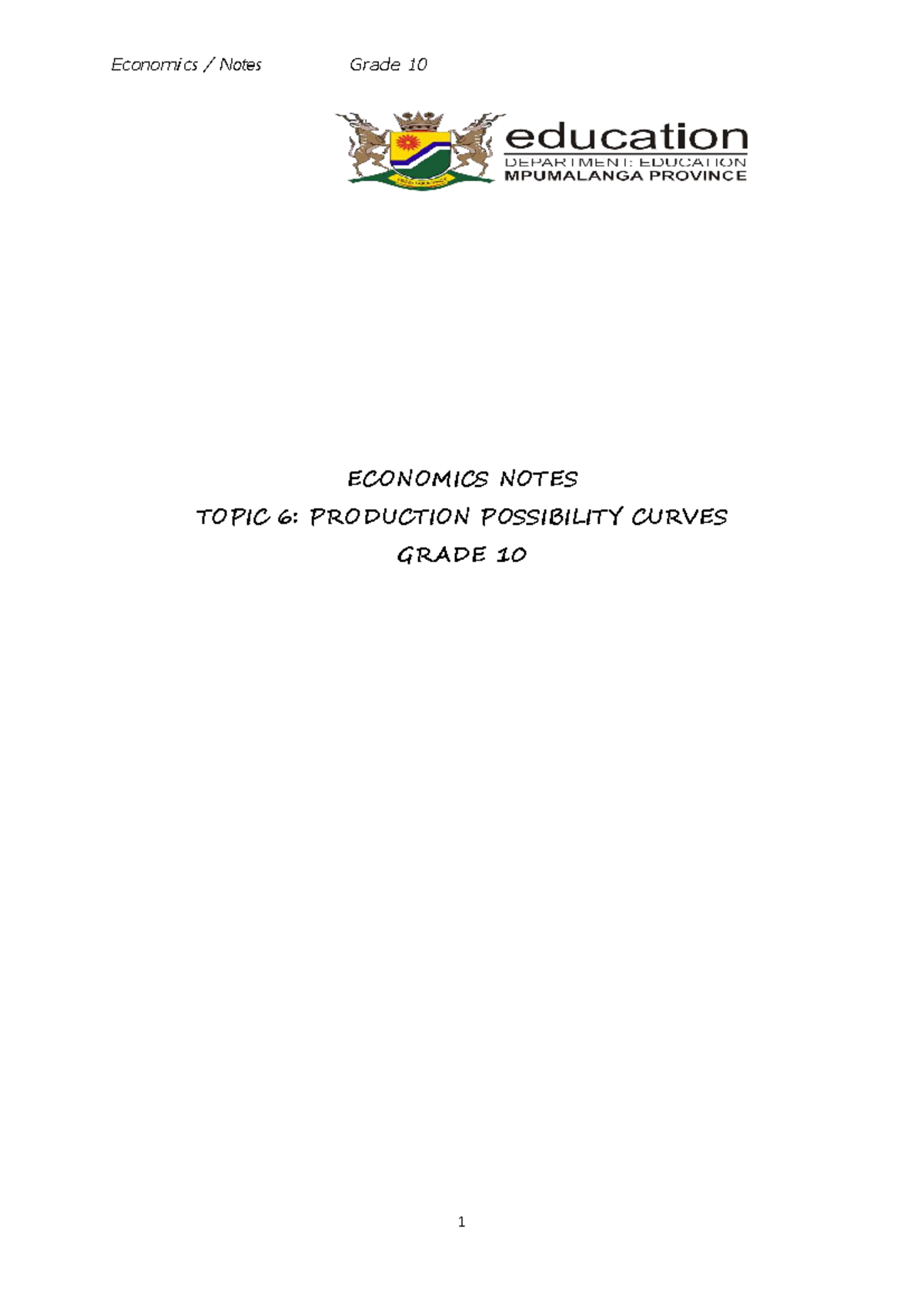 Grade 10 Economics Notes: Production Possibility Curves (PPC) - Studocu
