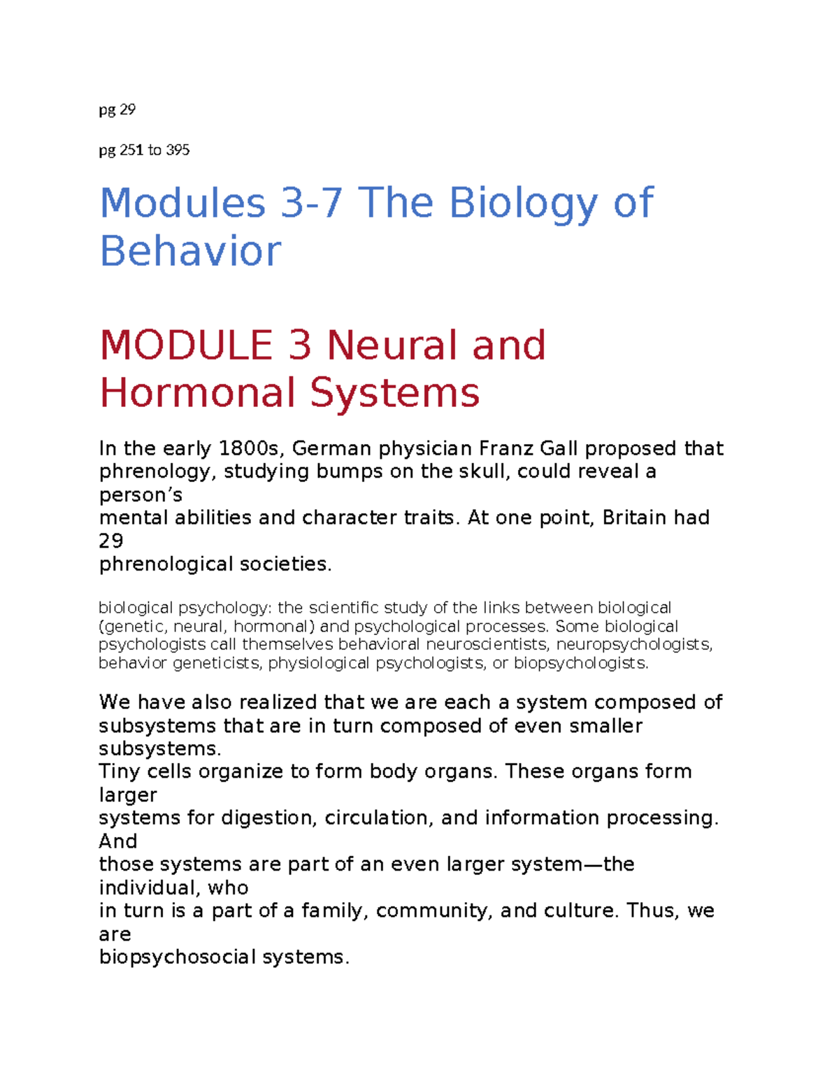 Modules 3-7 - pg 29 pg 251 to 395 Modules 3-7 The Biology of Behavior ...