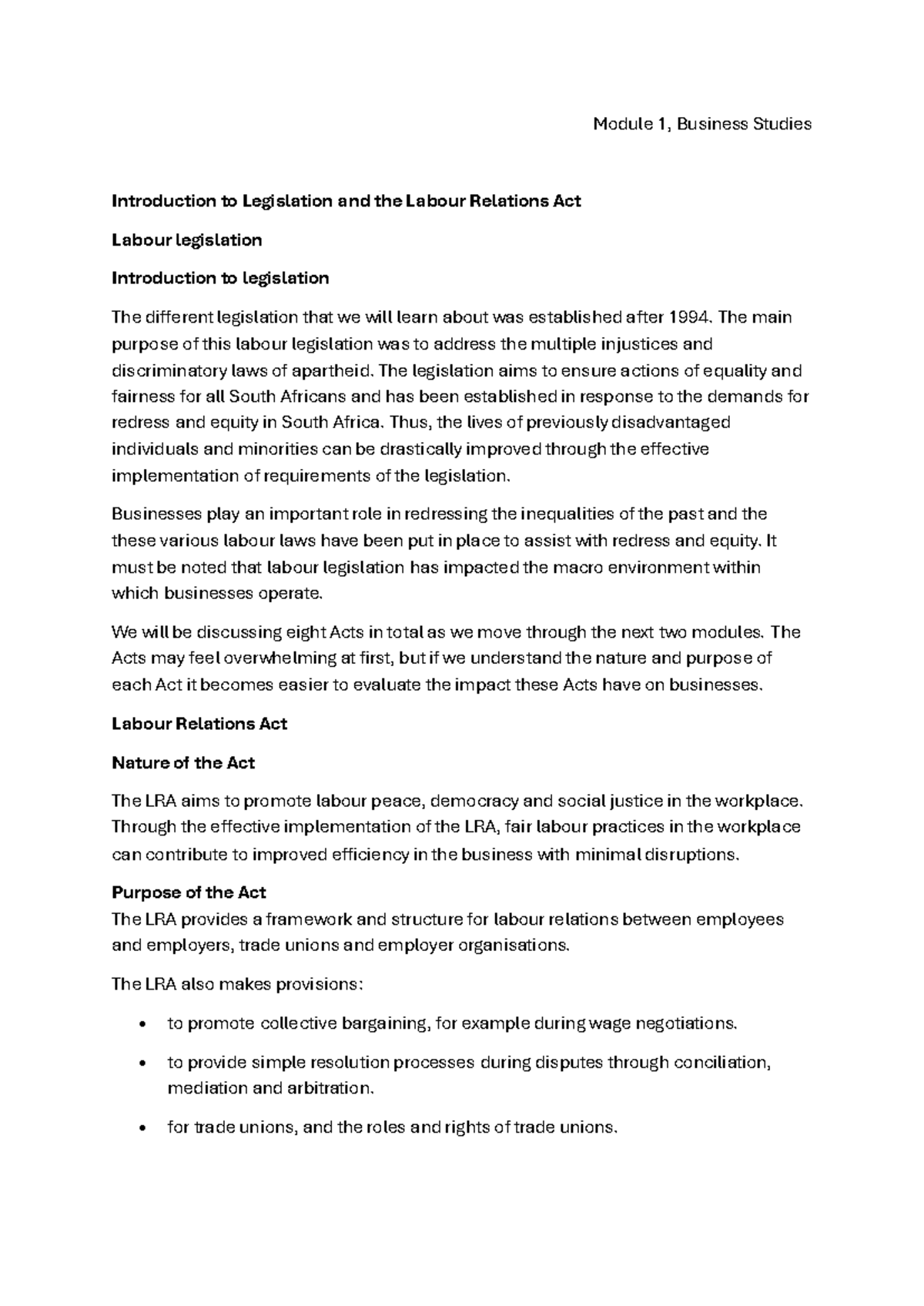 Business Studies M1-6: Overview of Labour Legislation and Acts - Studocu