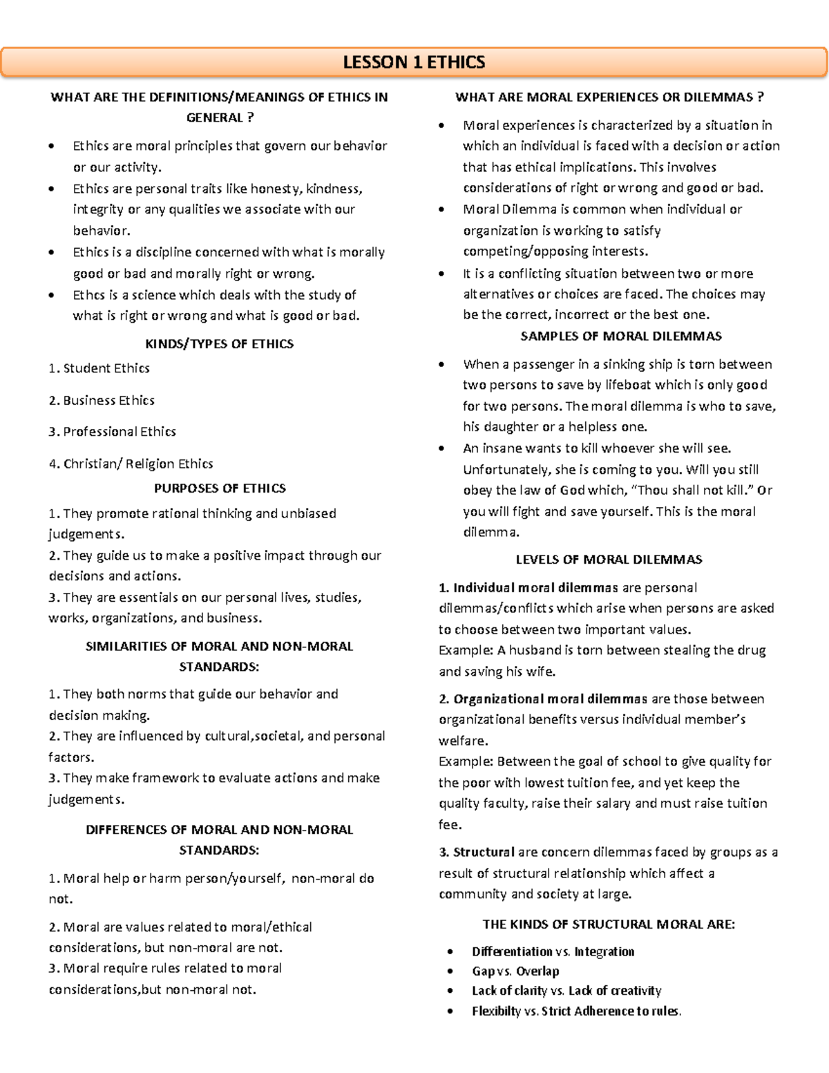 Lesson 1: Understanding Ethics and Moral Dilemmas - Studocu