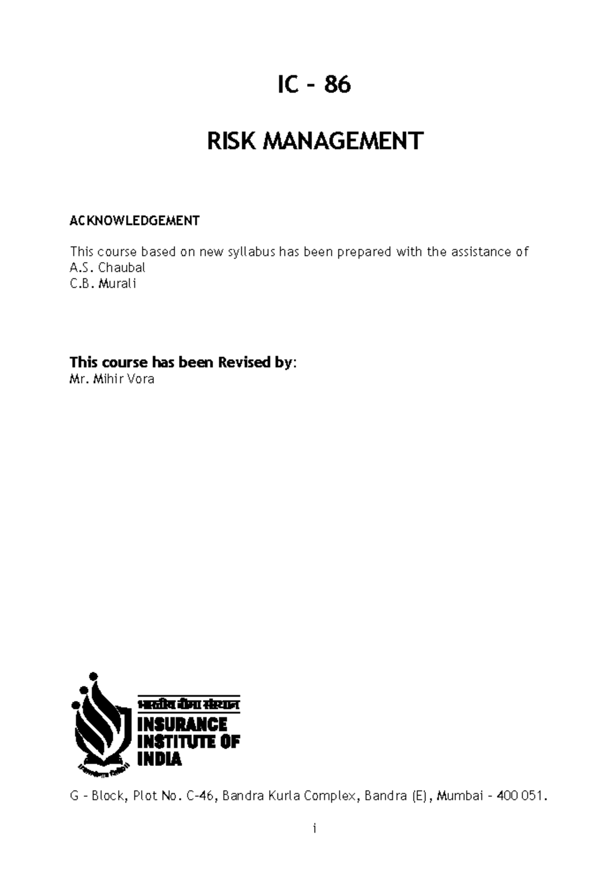 IC 86 RISK MANAGEMENT STUDY MATERIAL - REVISED EDITION 2025 - Studocu