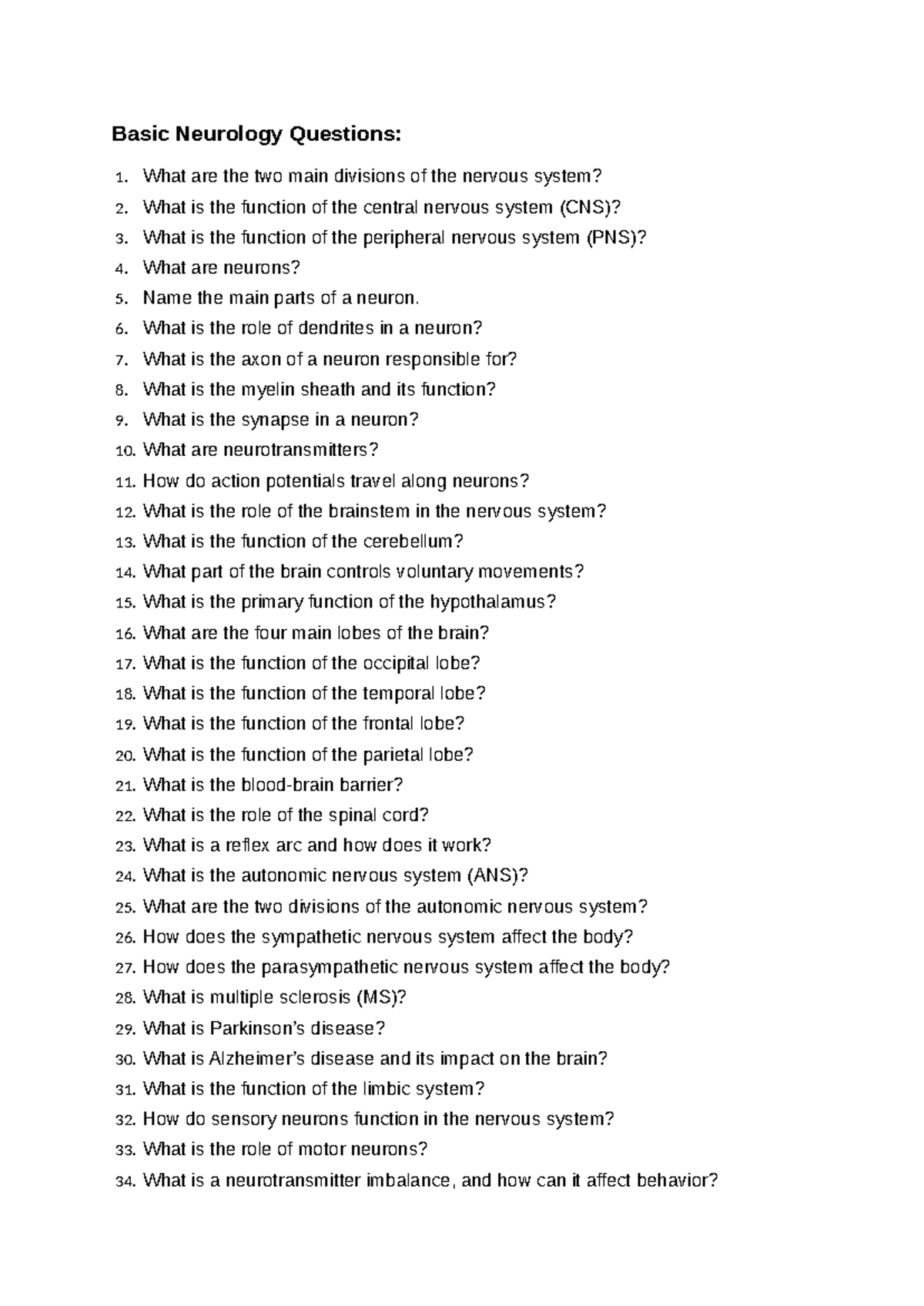 Neurology Quiz: Key Concepts and Questions on the Nervous System - Studocu