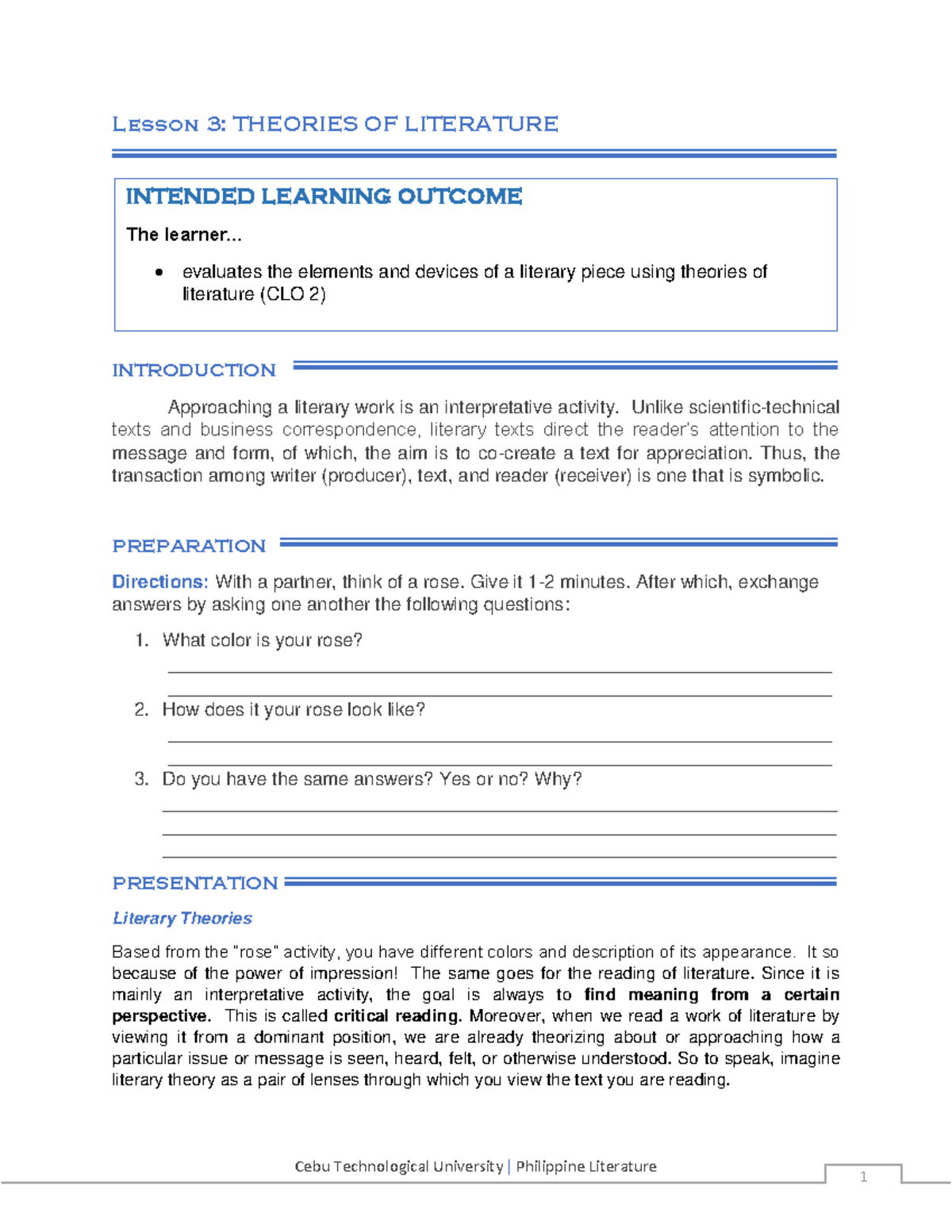 Lesson 3: Theories of Literature and Critical Reading (CLO 2) - Studocu