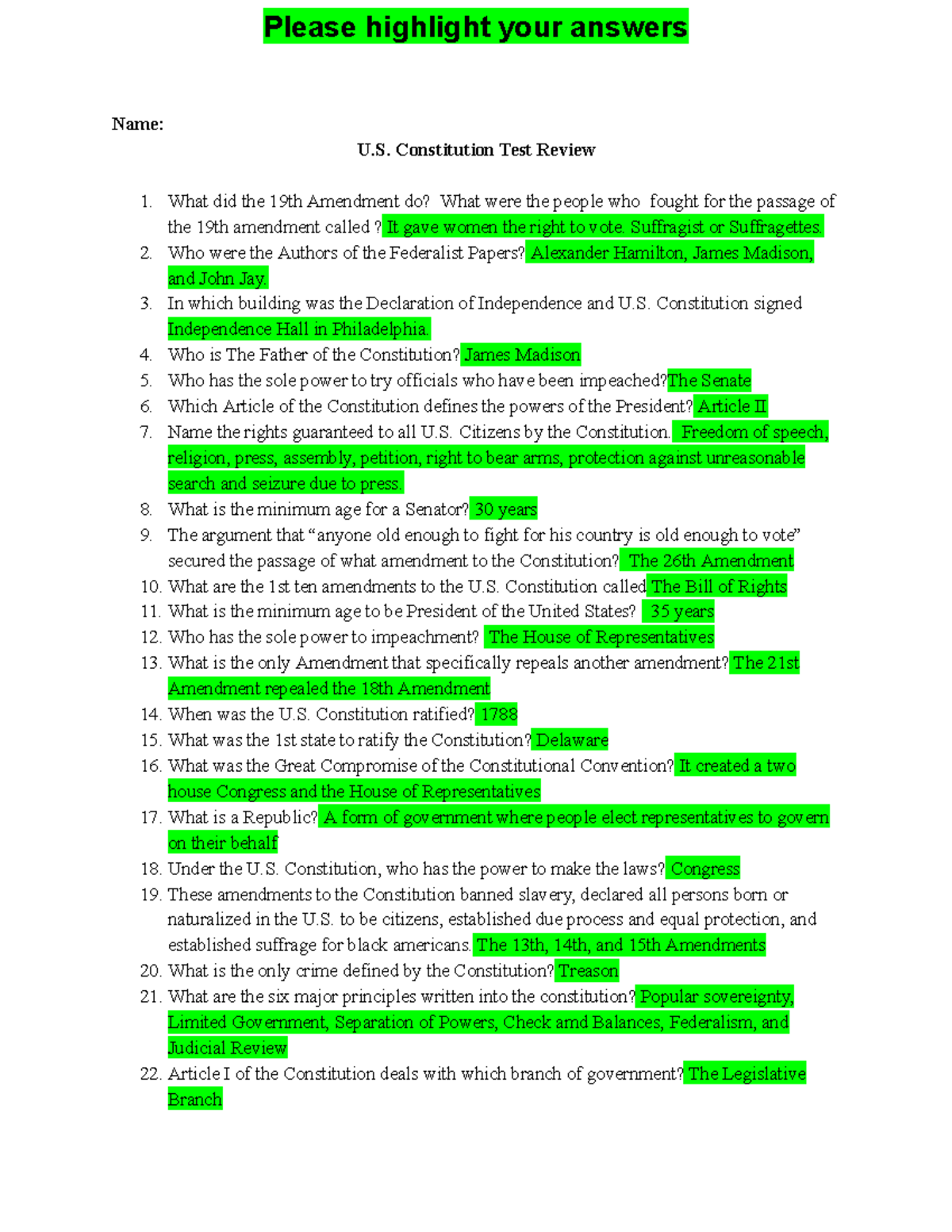 U.S. Constitution Test Review 2024-25 - Key Facts & Key Concepts - Studocu