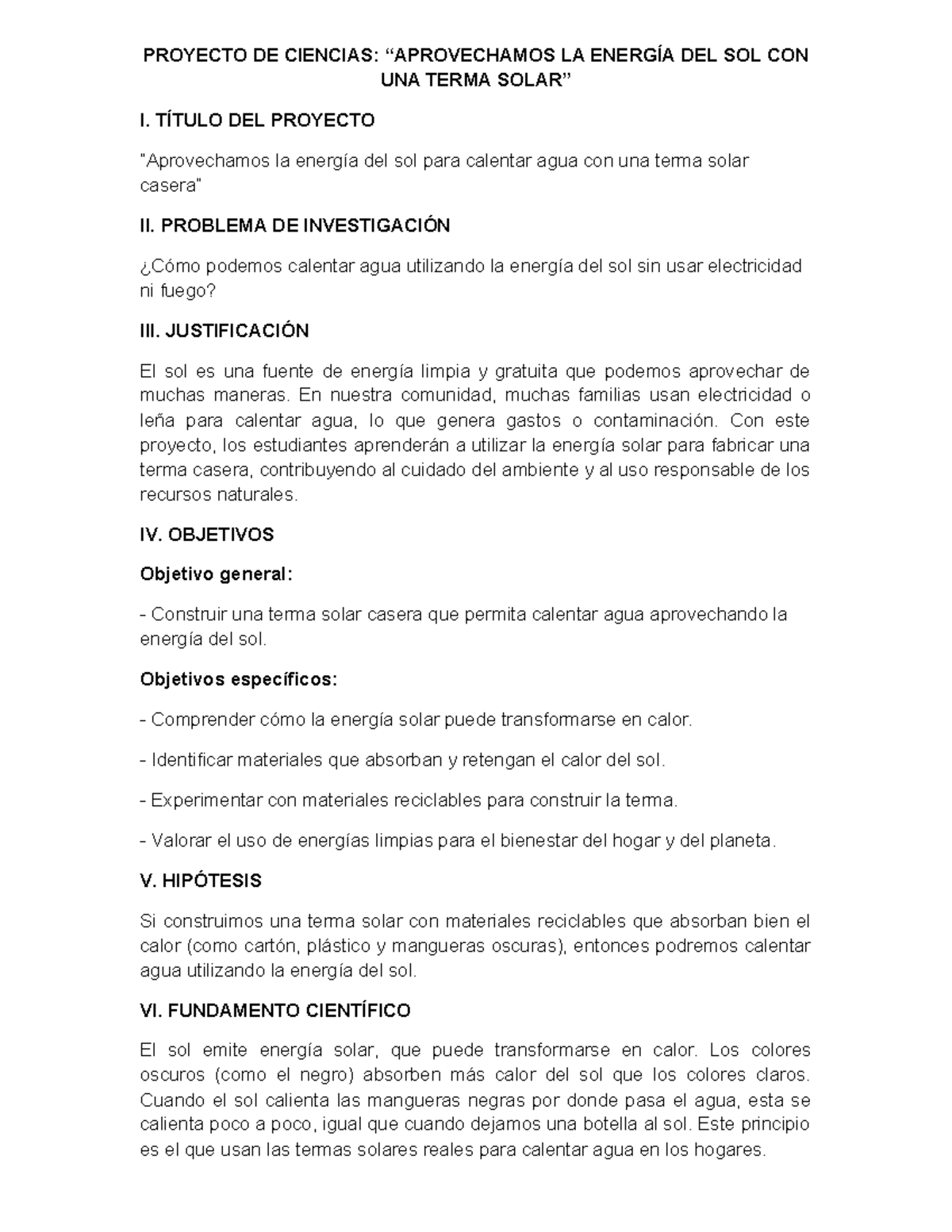Proyecto de Ciencias: Terma Solar para Calentar Agua - Studocu