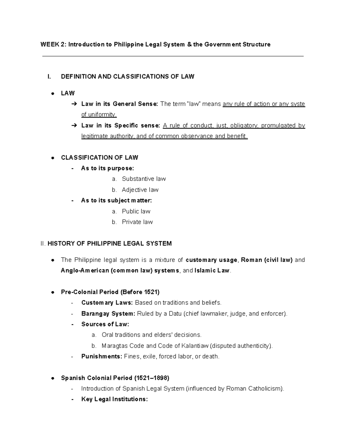 WEEK 2: Overview of the Philippine Legal System and Law Classifications ...