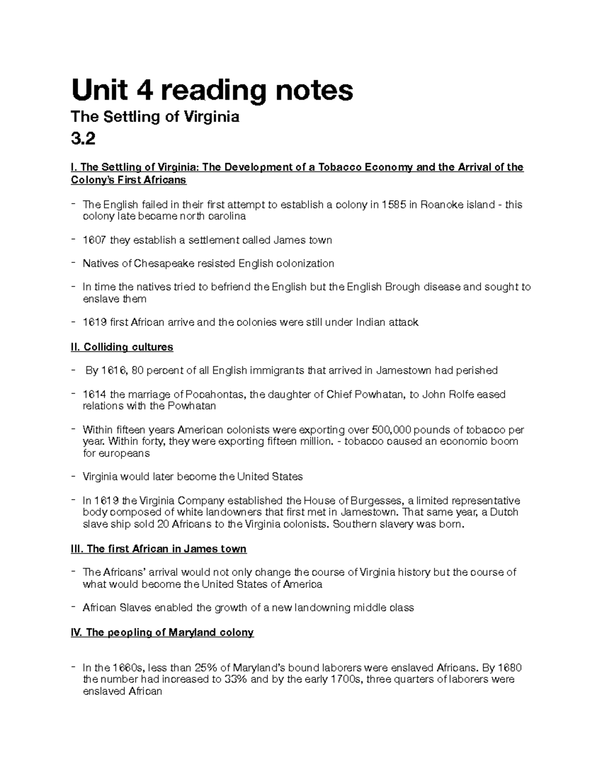Unit 4 Reading Notes: The Settling of Virginia and Tobacco Economy ...