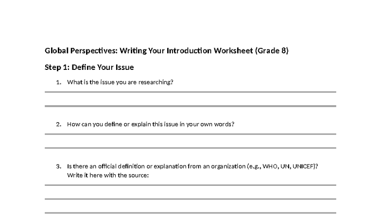 Global Perspectives: Grade 8 Research Intro Worksheet - Studocu