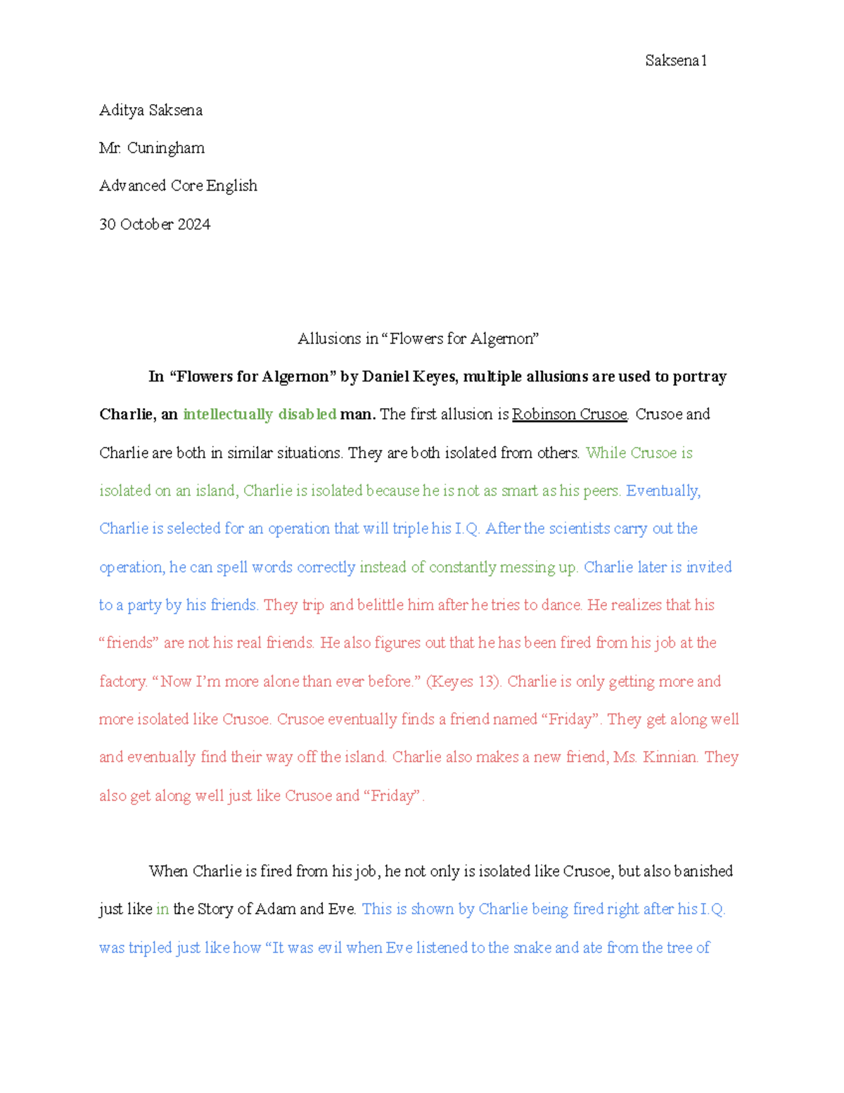 Advanced Core English 30: Allusions in Flowers for Algernon Revision ...