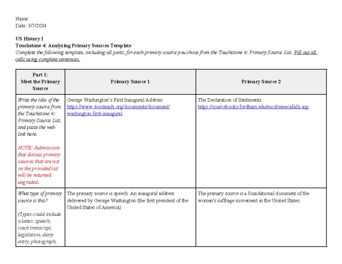 Analyzing Primary Sources for US History I: Touchstone 4 Template - Studocu