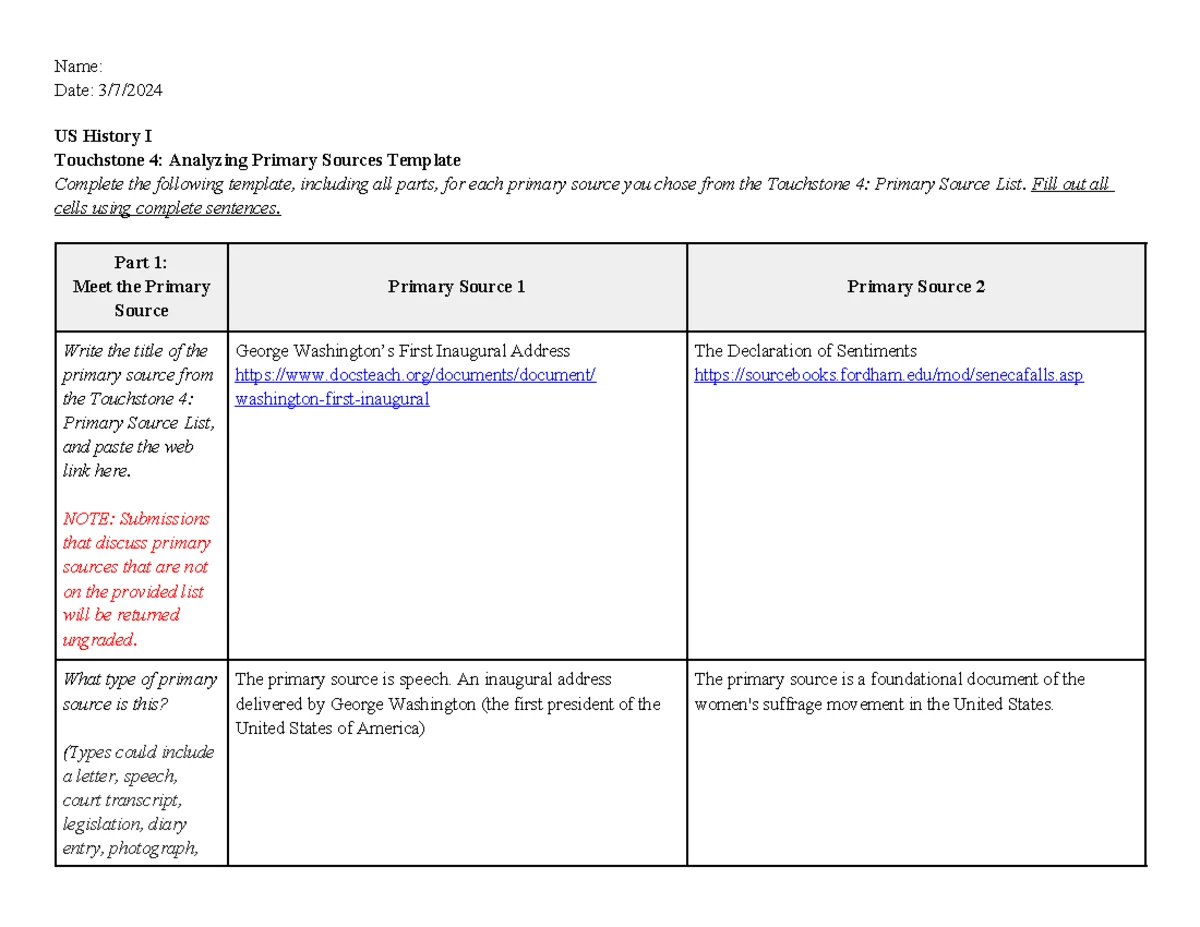 US History I Touchstone 4: Analyzing Primary Sources Template - Studocu