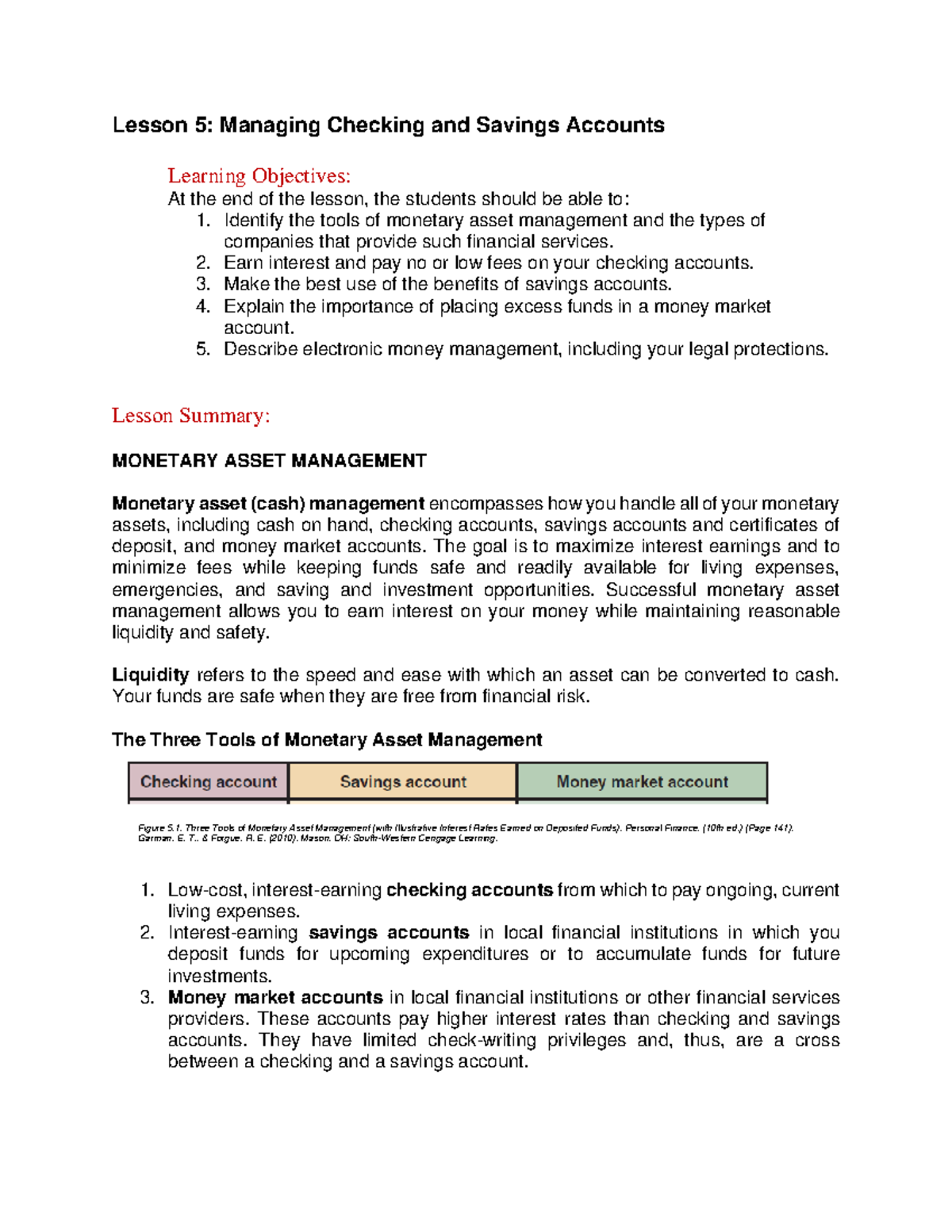 Lesson 5: Managing Checking & Savings Accounts (Monetary Assets) - Studocu