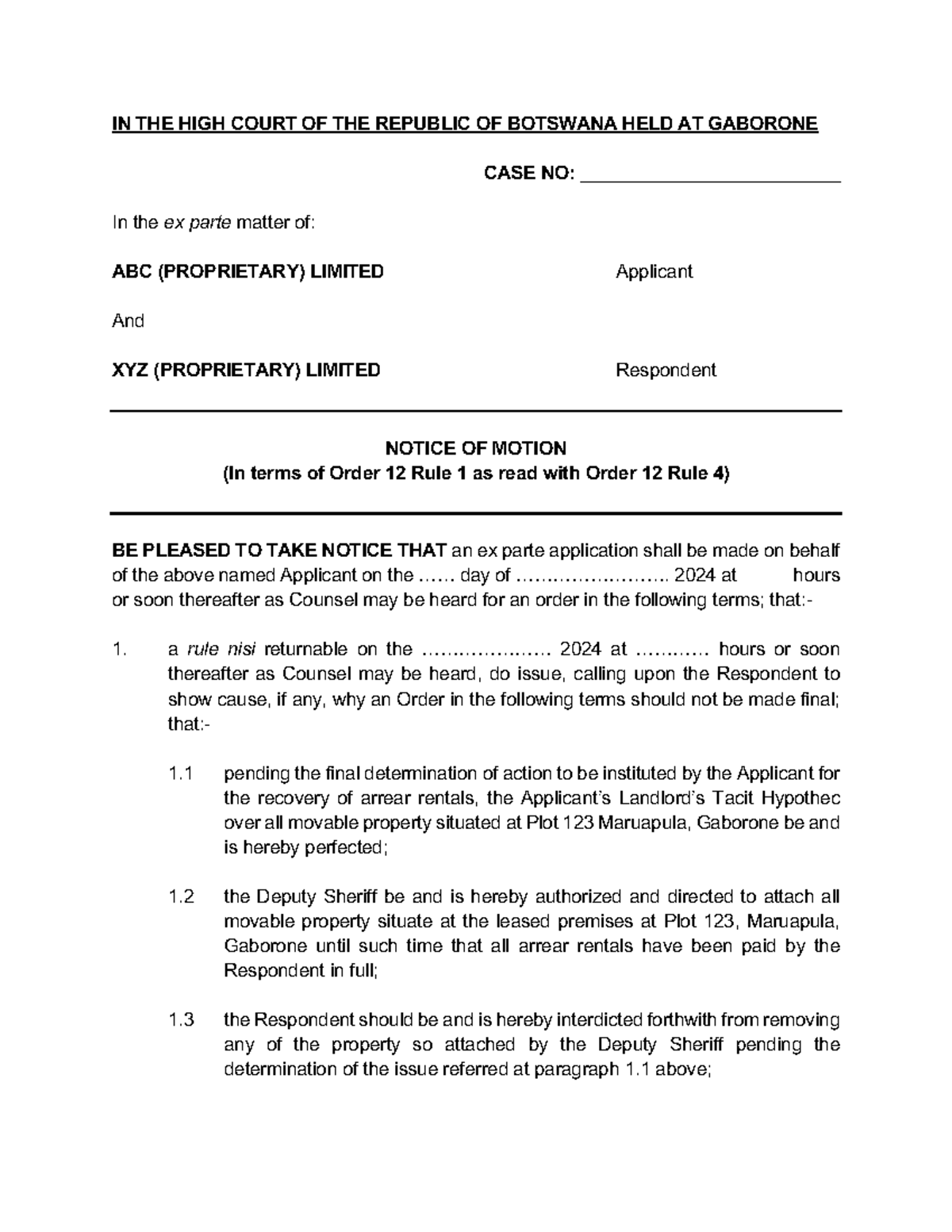 Notice of Motion for Ex Parte Application - Case No: ____________ - Studocu