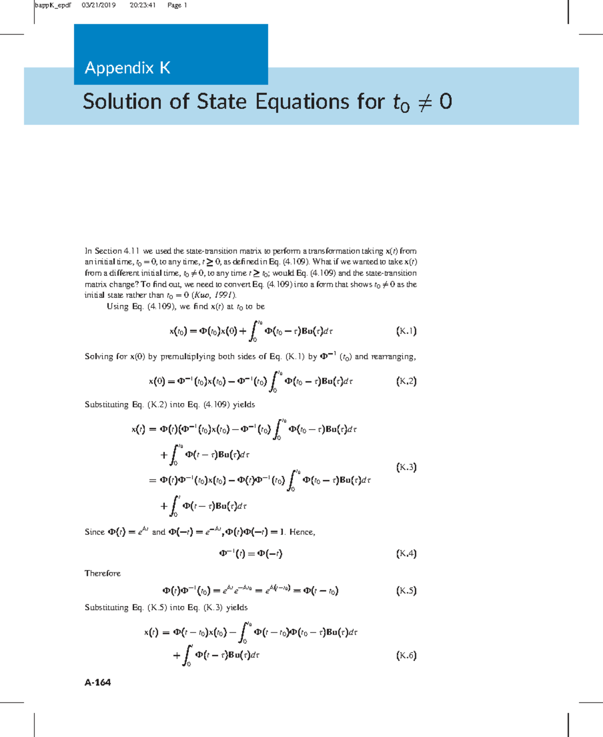 Appendix K: Solution of State Equations for Time Transformation - Studocu