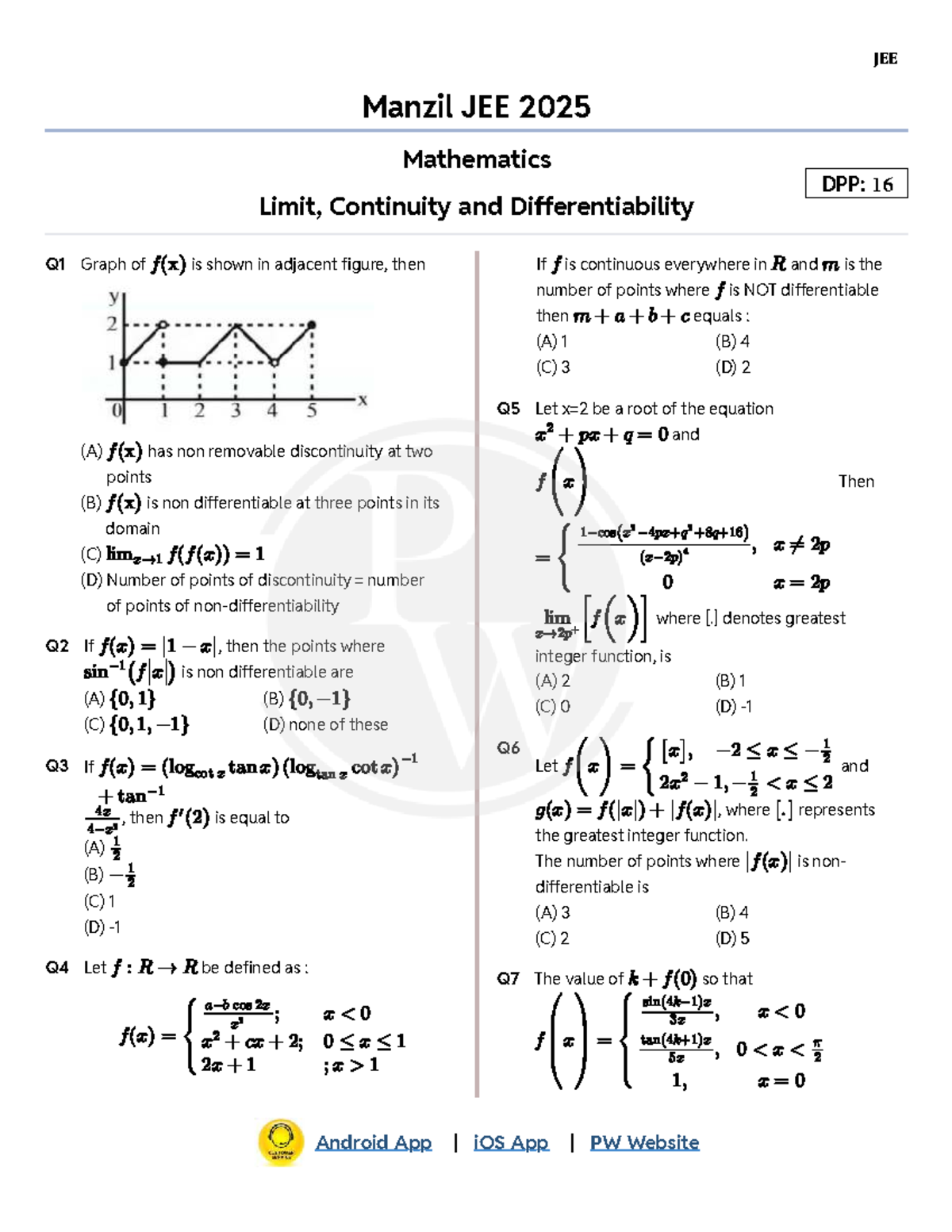 DPP 16: Limits, Continuity & Differentiability - JEE Manzil 2025 - Studocu