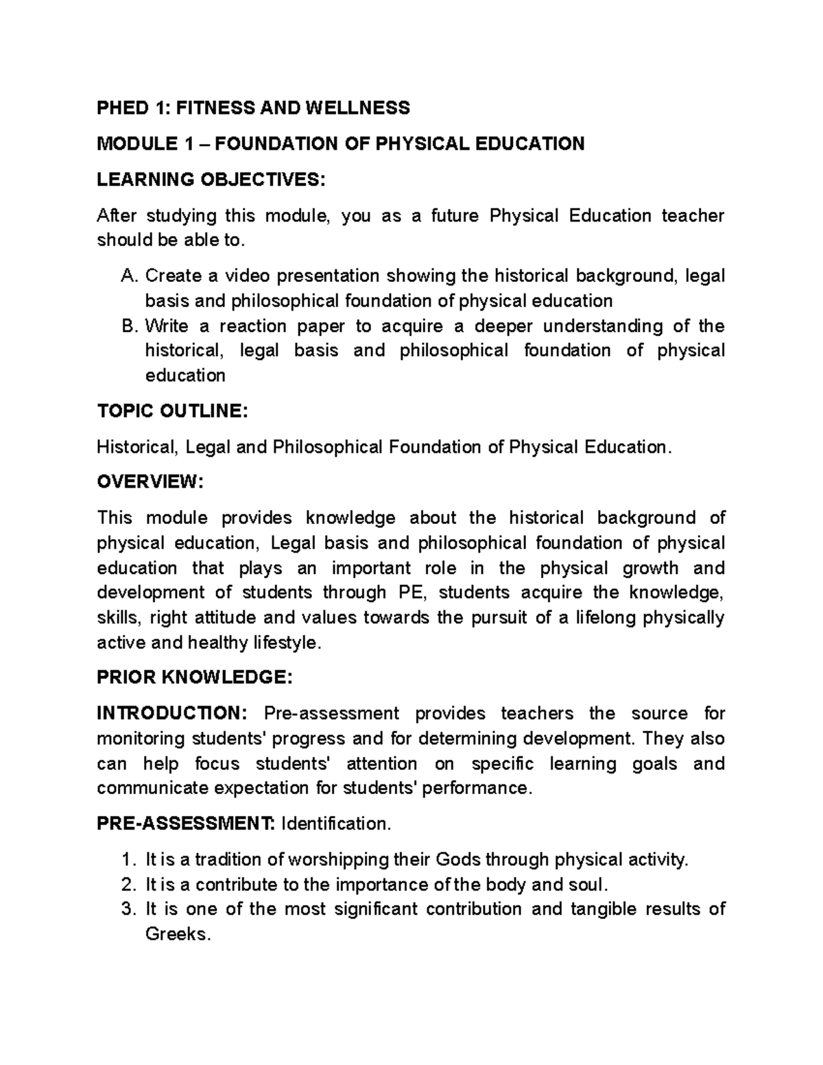PHED 1 - Lesson 1 - PHED 1: FITNESS AND WELLNESS MODULE 1 – FOUNDATION ...