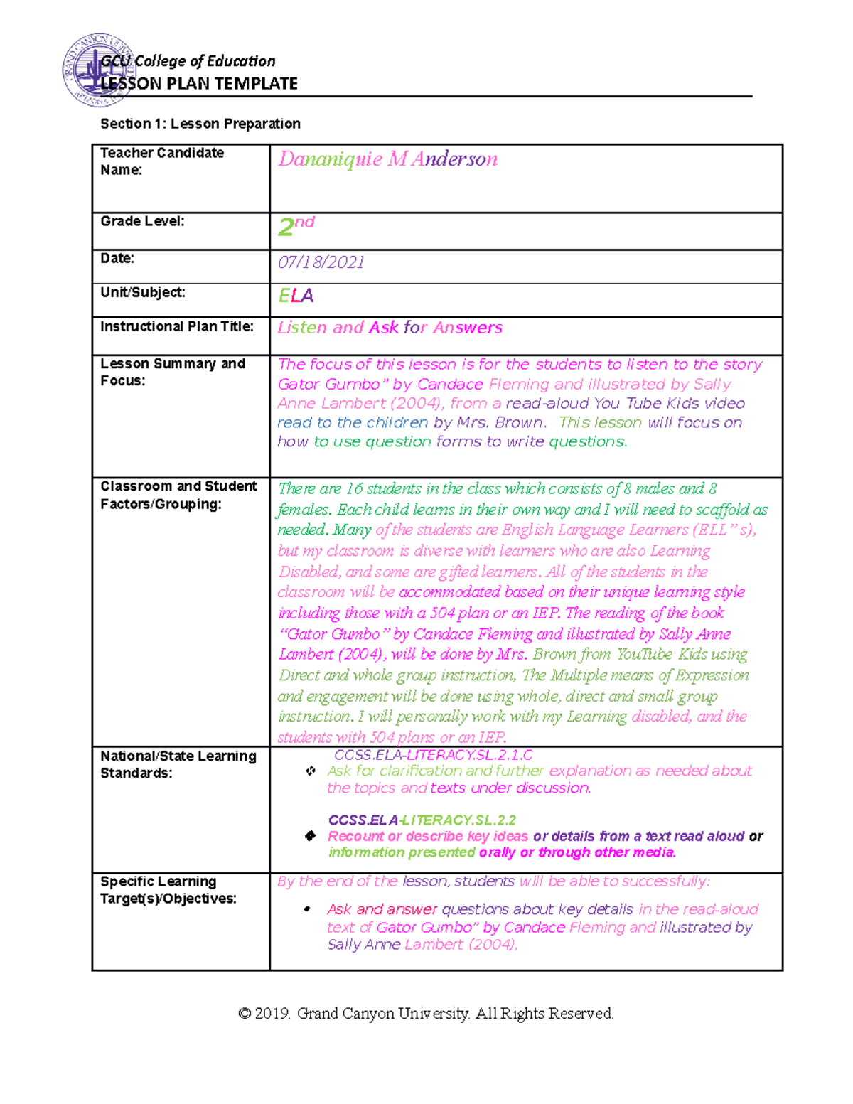 Listening and Speaking Lesson Plan done - LESSON PLAN TEMPLATE Section ...