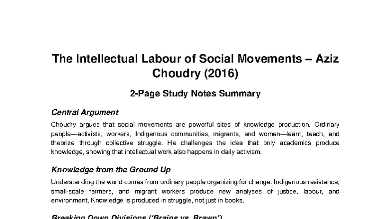 The Intellectual Labour of Social Movements: Study Notes Summary - Studocu