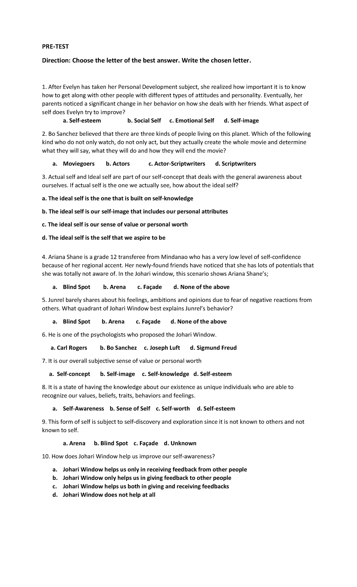 Perdev Pretest - PRE-TEST Direction: Choose the letter of the best ...