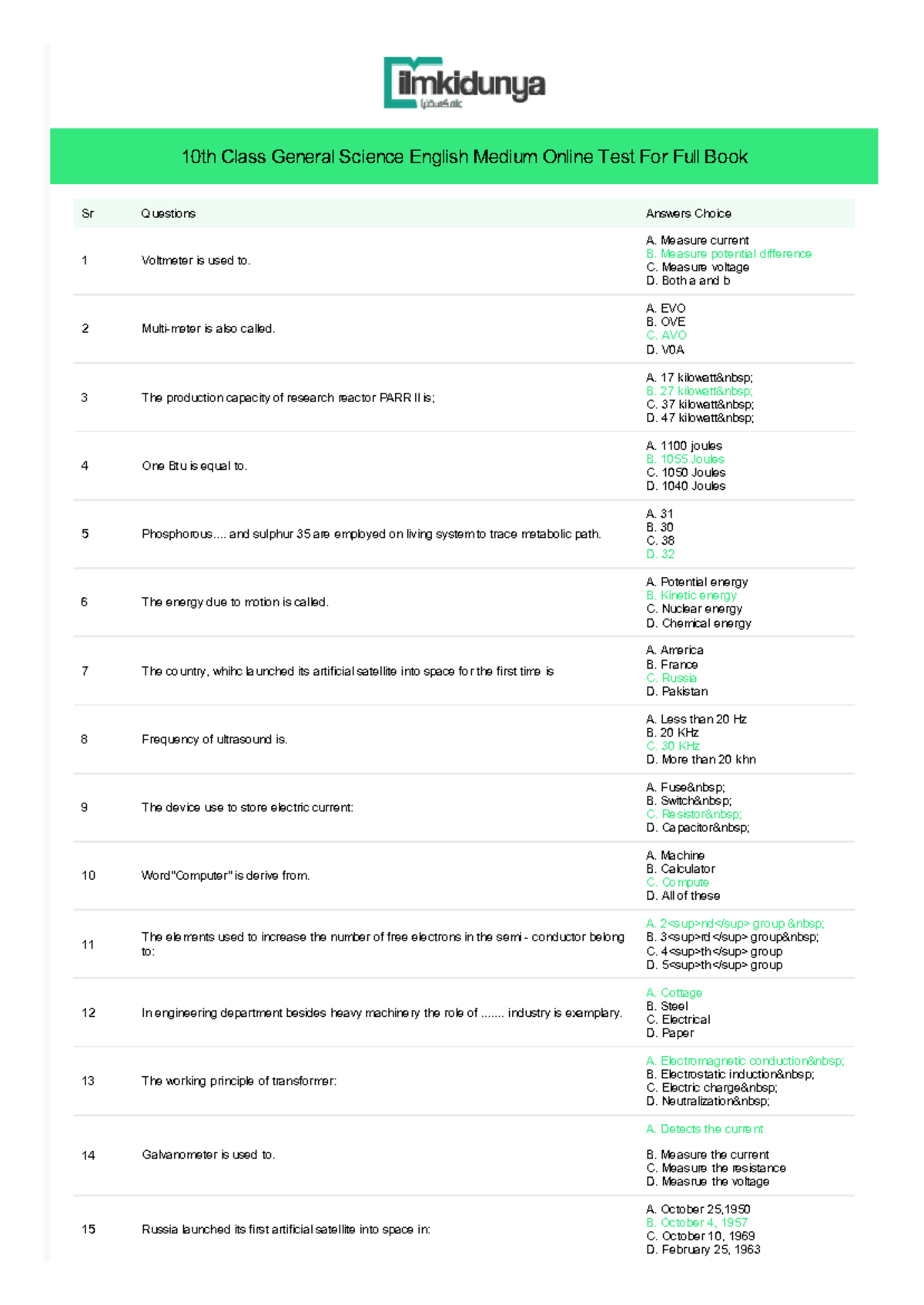 10th Class General Science Online Test MCQs - English Medium - Studocu