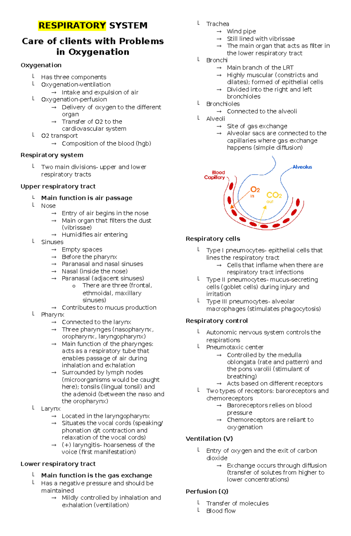 Respi-1 - RN 2025 - RESPIRATORY SYSTEM Care of clients with Problems in Oxygenation Oxygenation ...