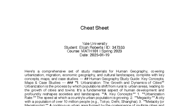 MATH101 Spring 2023: Human Geography Study Guide & Key Concepts - Studocu