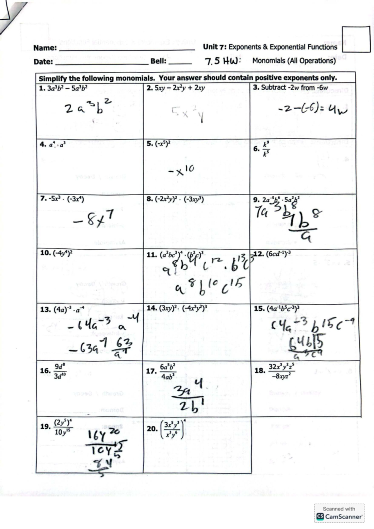 Unit 7: Exponents & Monomials HW Simplification Guide - Studocu