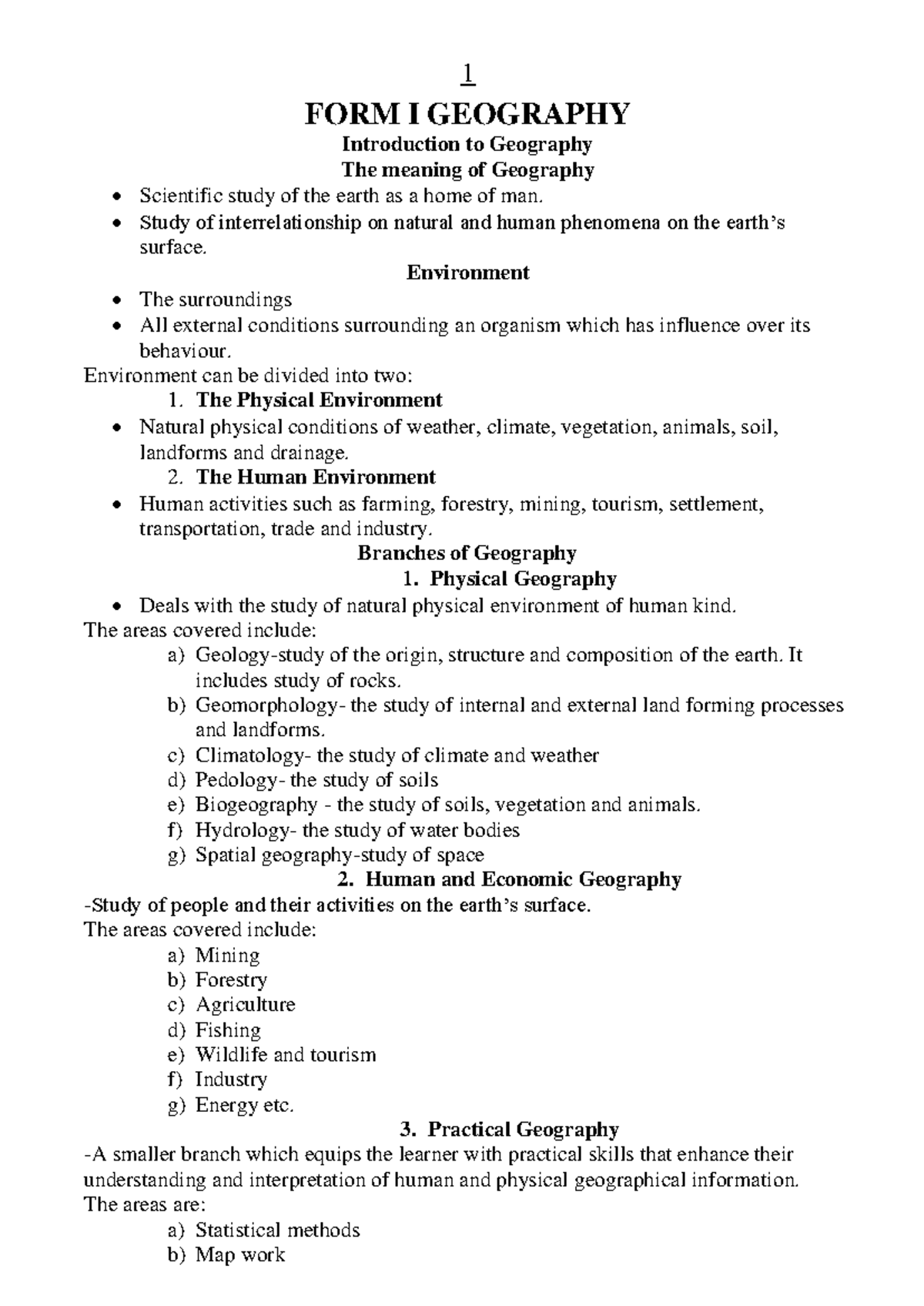 FORM I GEOGRAPHY: Comprehensive Revision Notes - Studocu