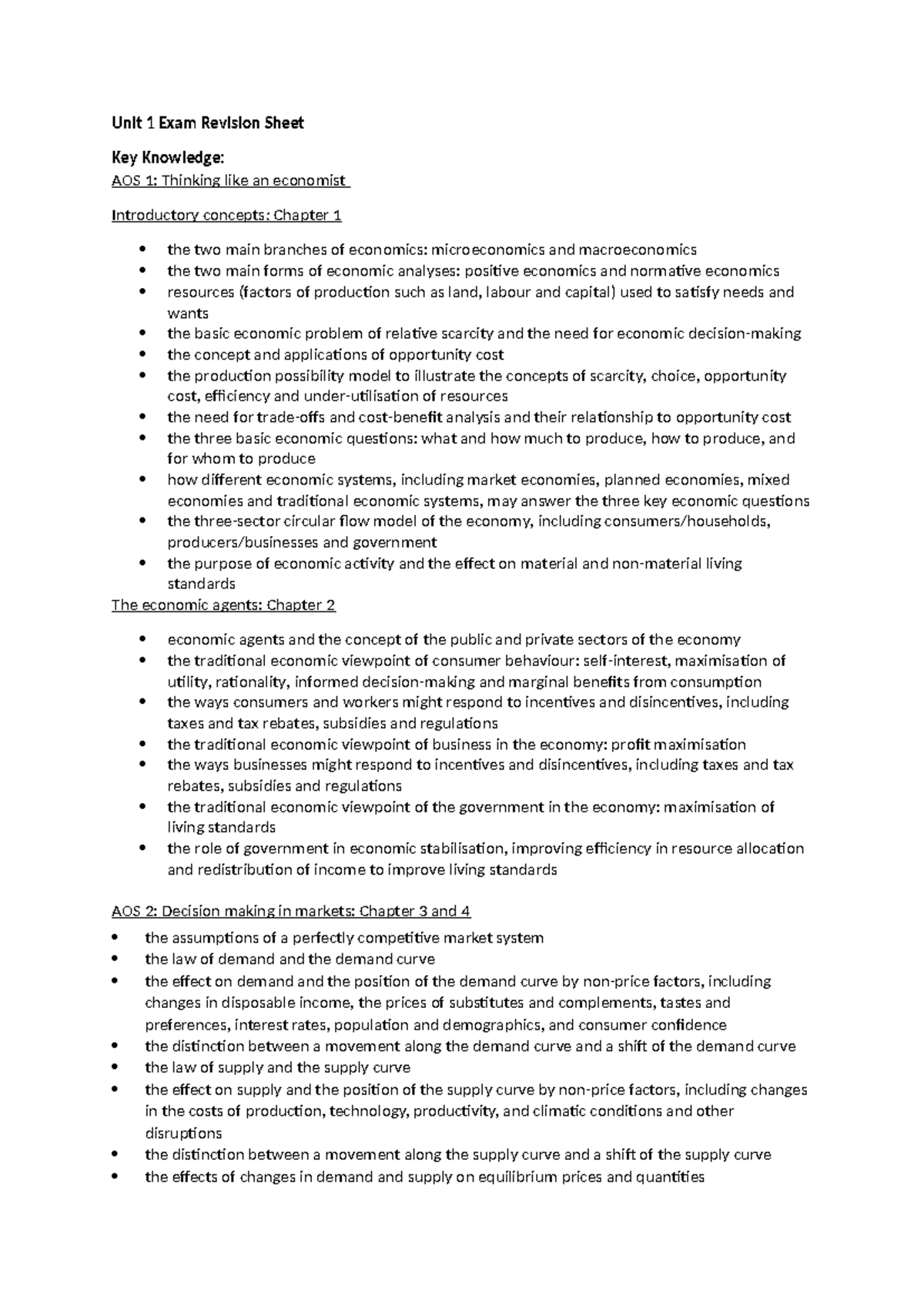 Unit 1 Economics Exam Revision Notes: Key Concepts & Applications - Studocu