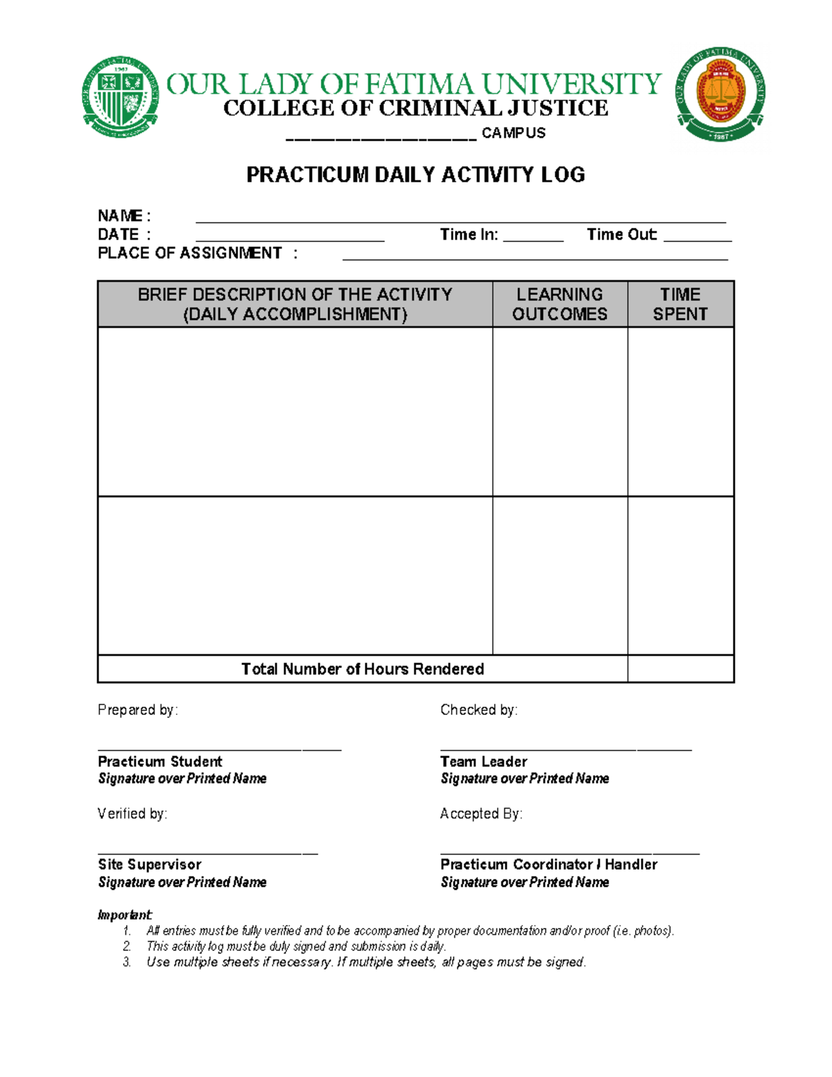 Practicum Daily Activity Log - COLLEGE OF CRIMINAL JUSTICE ...