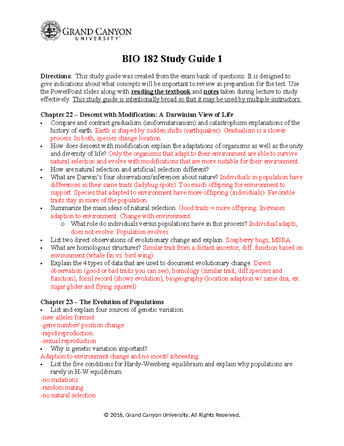 BIO 182 RS Study Guide 1: Key Concepts in Evolution and Speciation - Studocu