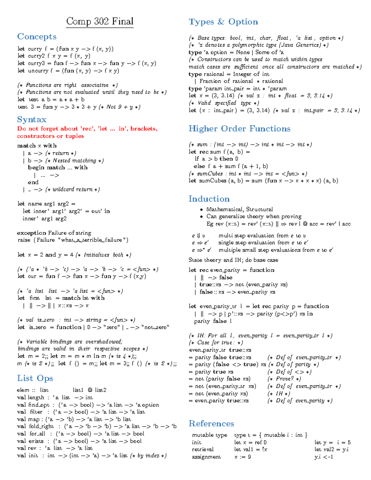 Comp 302 Final exam cheat sheet on functional programming concepts ...