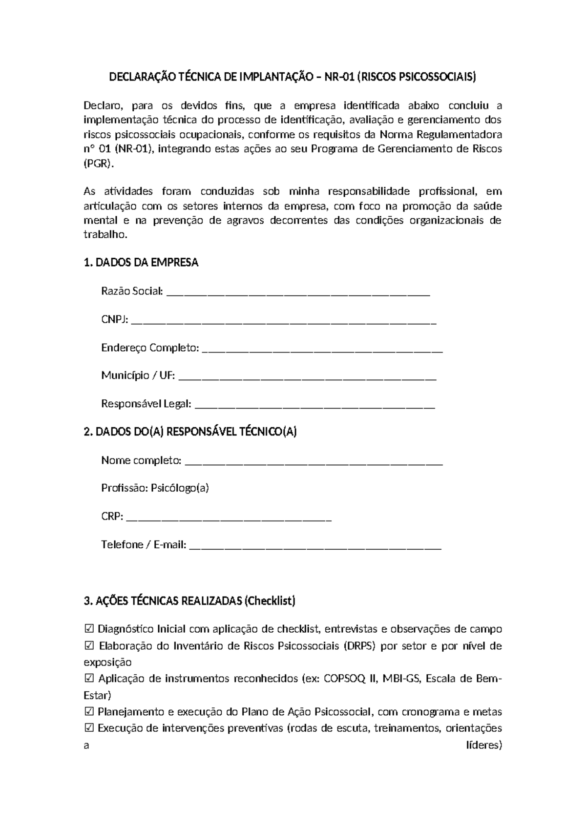 Declaração Técnica de Implantação - NR-01 (Riscos Psicossociais) - Studocu