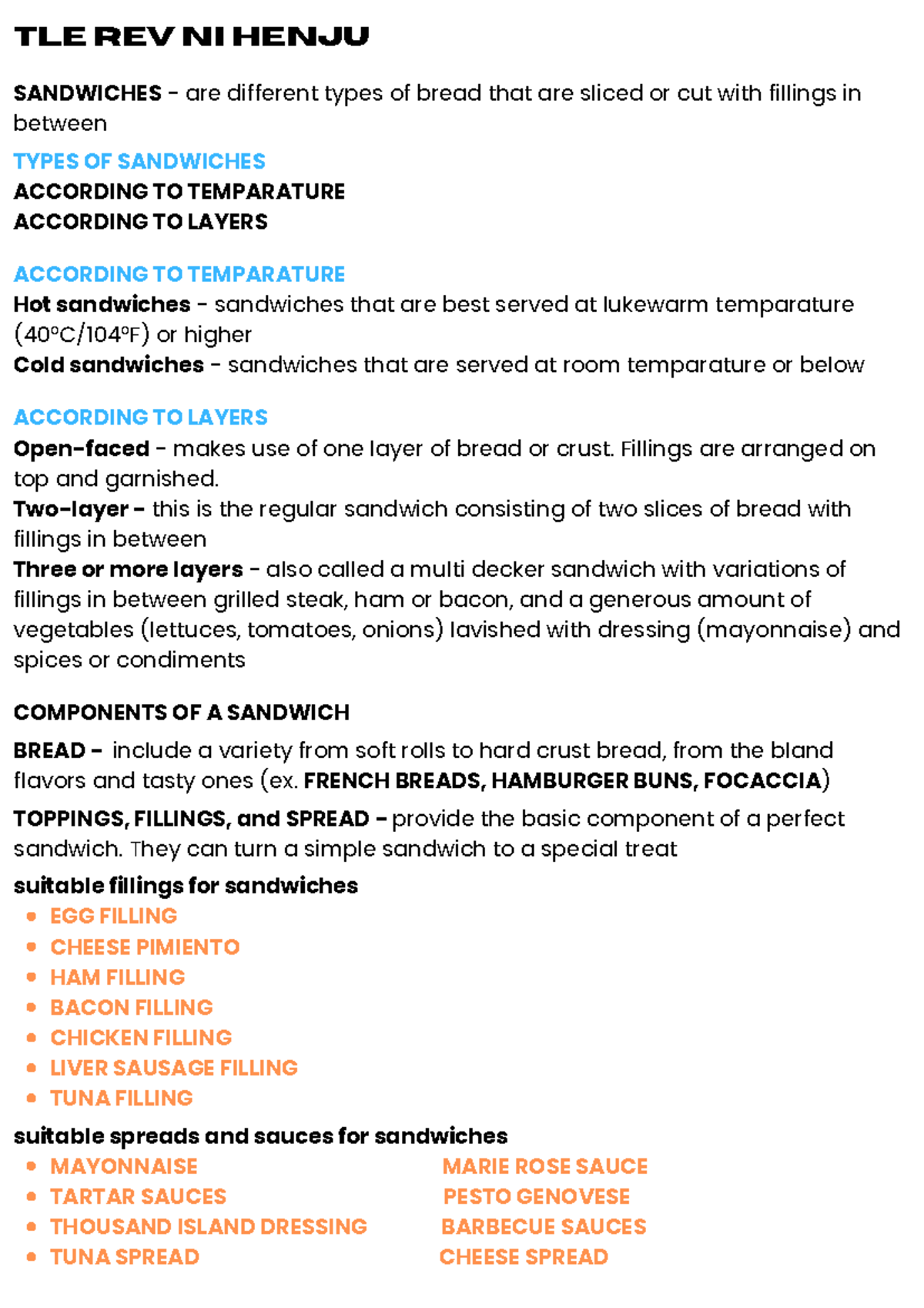 TLE Reviewer 2025: Types and Components of Sandwiches - Studocu
