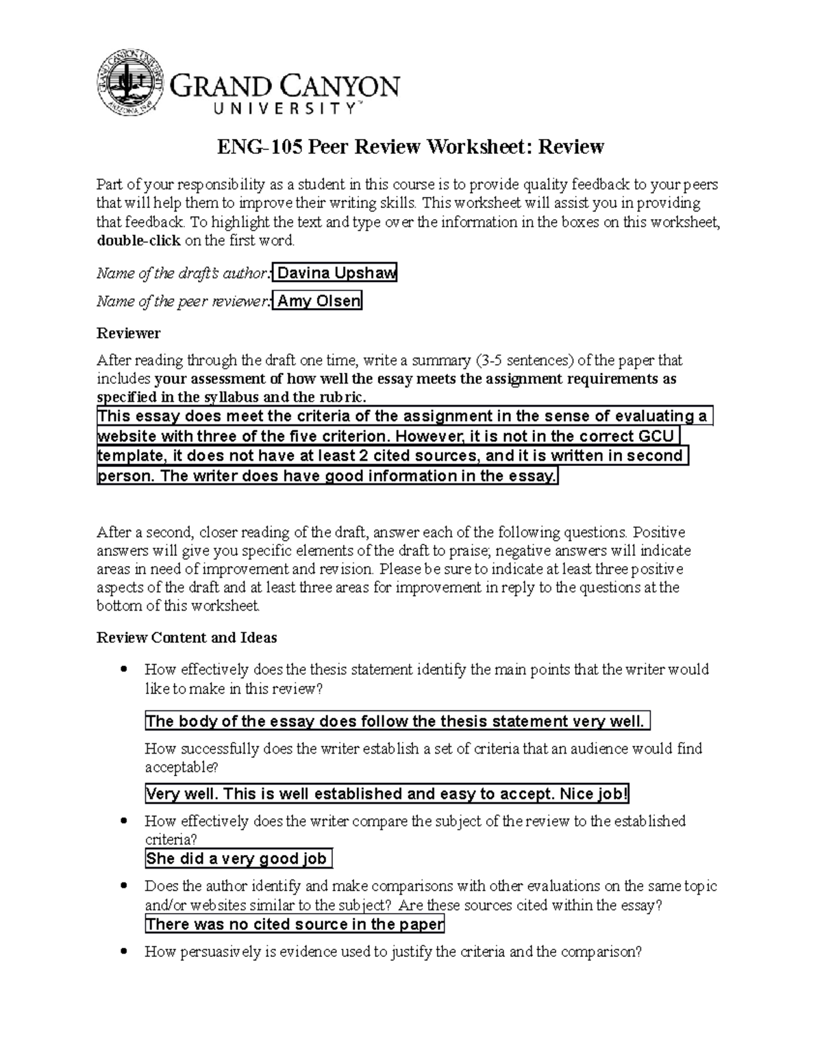 Peer Review Worksheet Revised peer review 2 - ENG-105 Peer Review ...