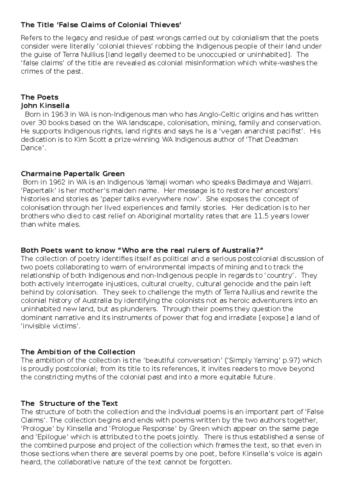 False Claims of Colonial Thieves: Summary and Analysis for ENG 202 ...