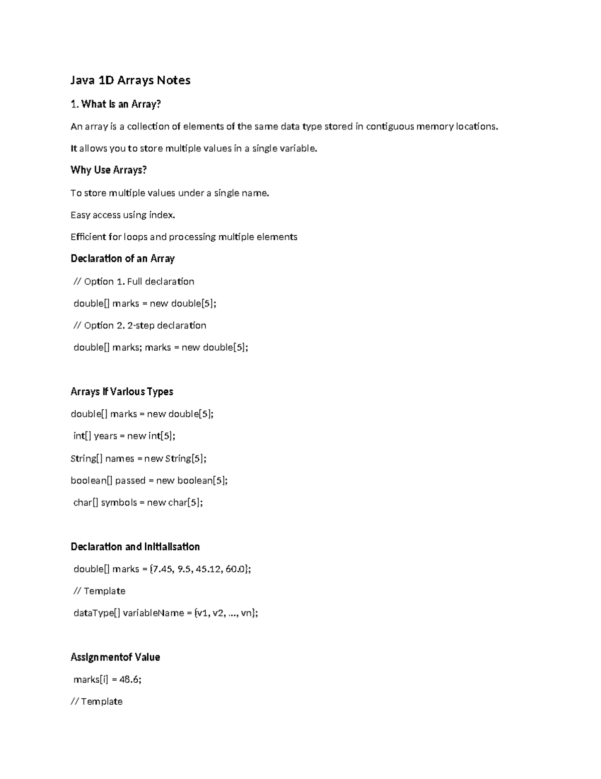 Java 1D Arrays Notes: Understanding Declaration & Usage - Studocu