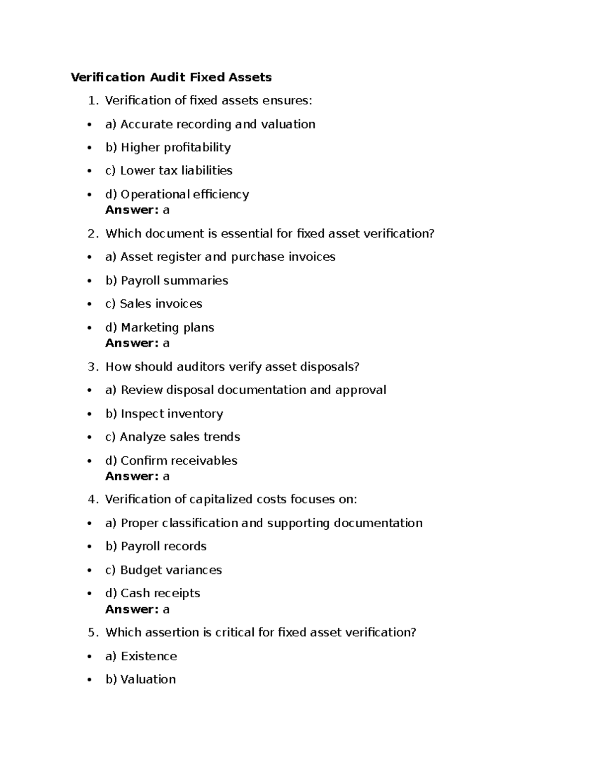 Verification Audit of Fixed Assets: Key Procedures and Assertions - Studocu