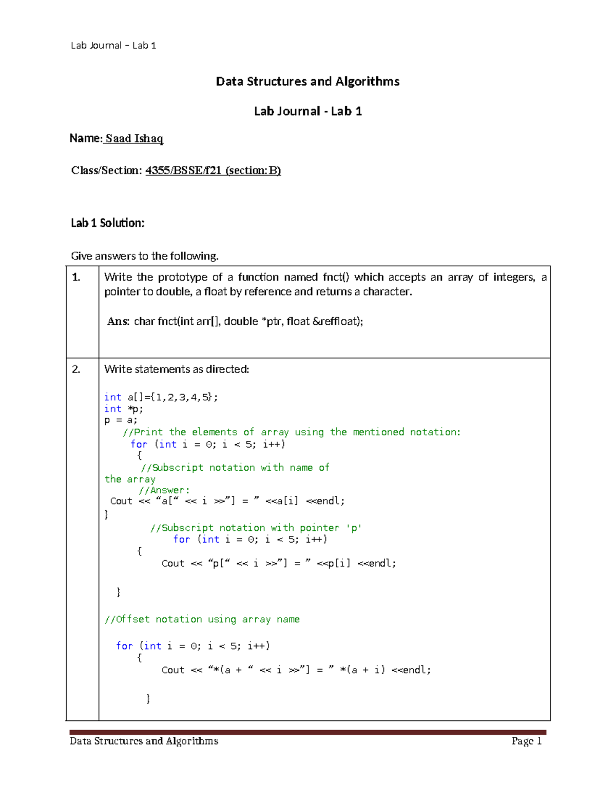 DSA solved lab - Data Structures and Algorithms Lab Journal - Lab 1 ...