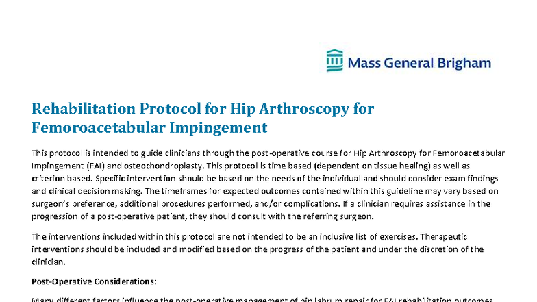 Rehabilitation Protocol for Hip Labral Surgery (FAI) - Studocu